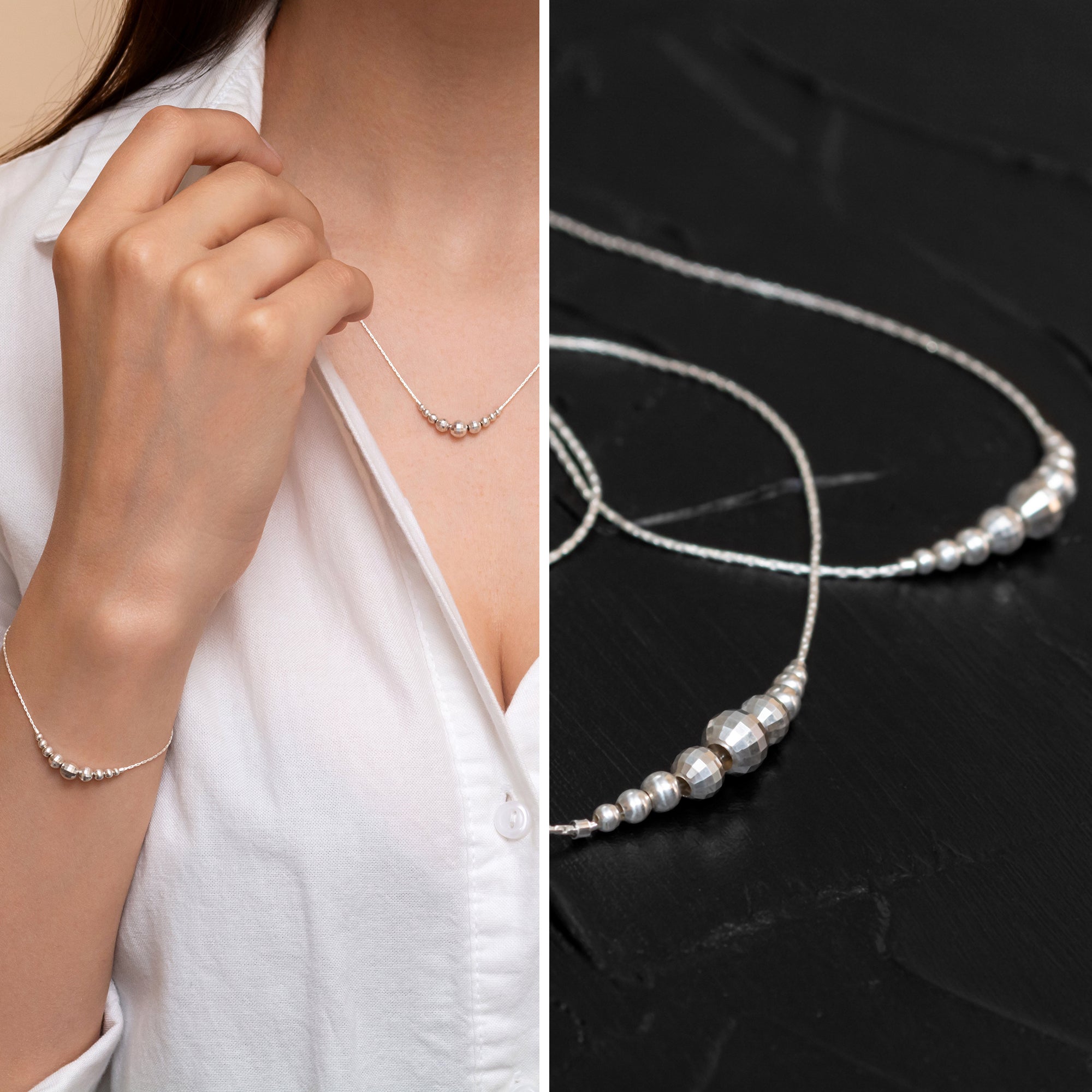 Modern Beads Necklace and Bracelet Set in Elegant Silver – TitaniumFashion